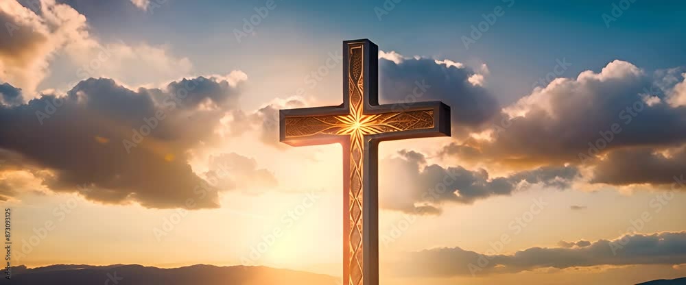 Jesus cross symbol glowing with golden light, floating majestically in ...