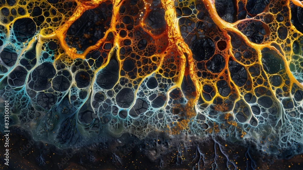 A psychedelic vintage-style cross-section of plant roots and soil, with ...