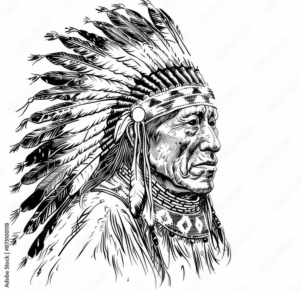 The Indian chief warrior in traditional headdress of eagle feathers ...