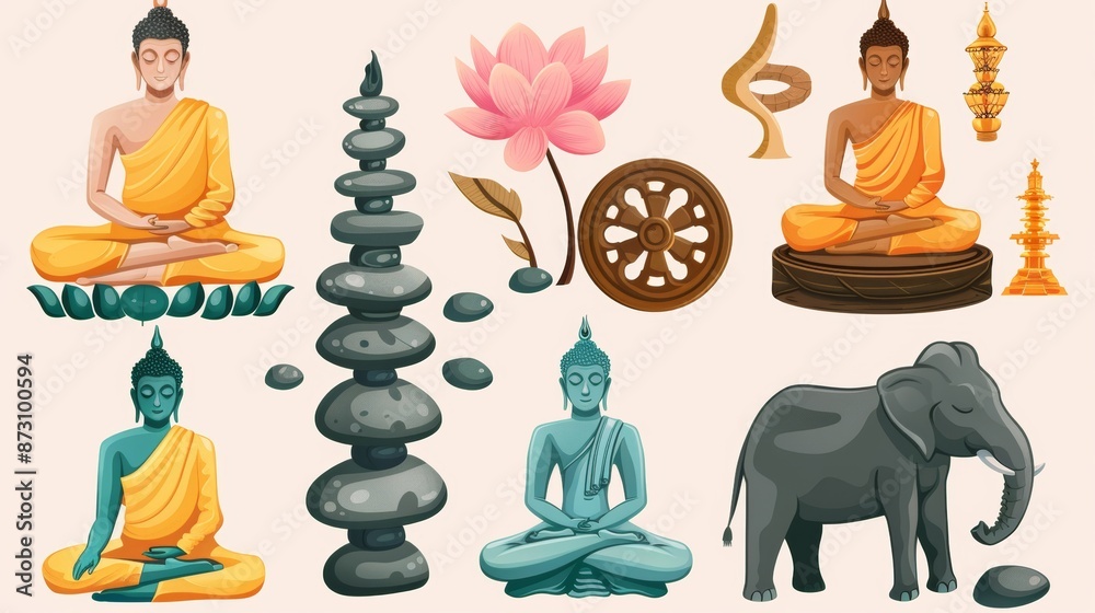 Modern Buddha and lotus flower, yoga meditation pose and monk, pebble ...