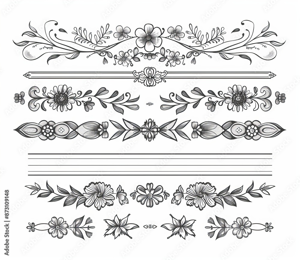 Floral parenthesis borders, outline arrow decorations, line frames for ...