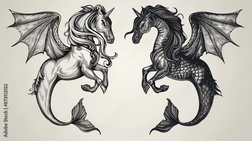 This medieval heraldic animal sketch depicts a horse with a dragon tail ...