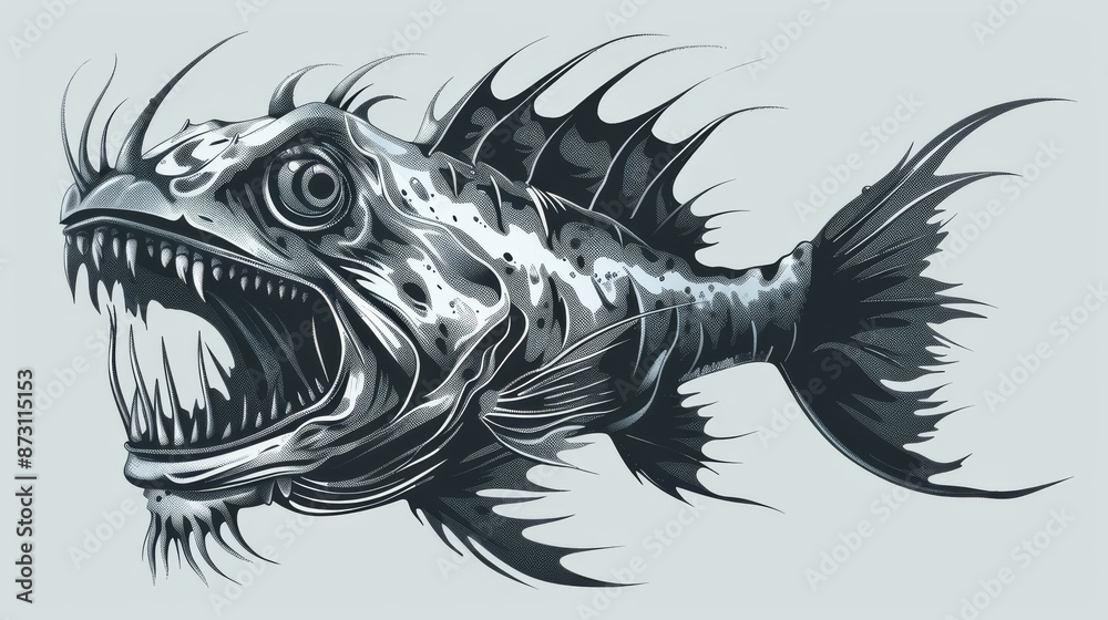 Fantastic marine dangerous fish isolated in monochrome. Modern aquatic ...