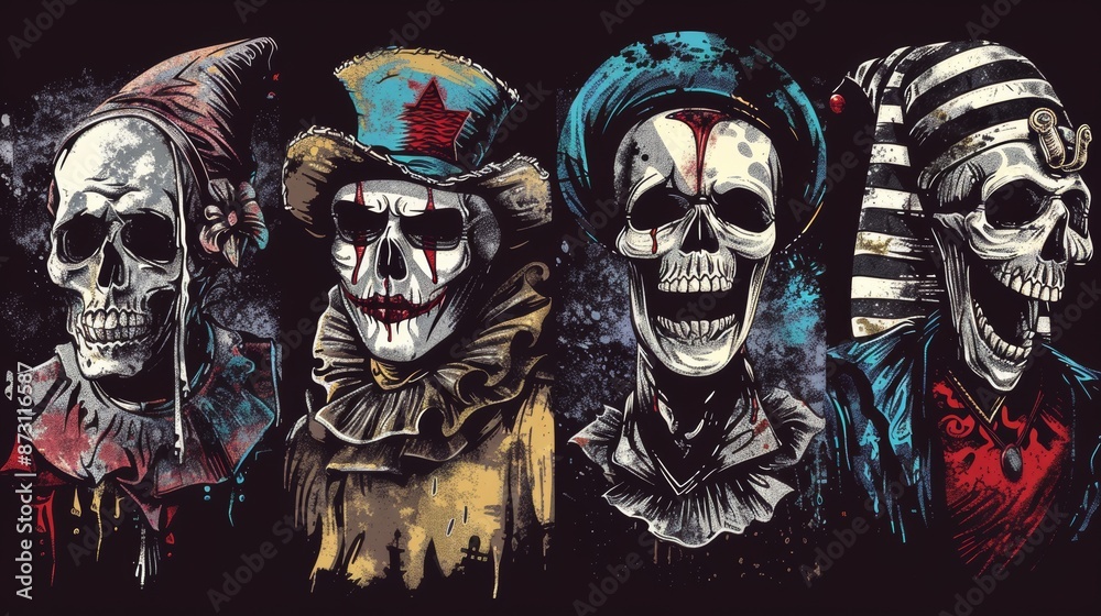 The death reaper, harlequin, pharaoh, and scary clown t-shirt designs ...