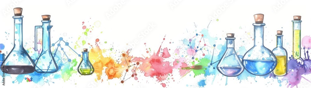 Colorful watercolor illustration of laboratory glassware with various ...