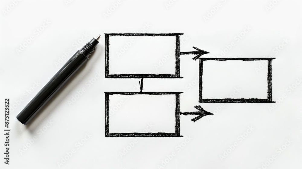 Drawing a flowchart with three blank rectangular boxes on white ...