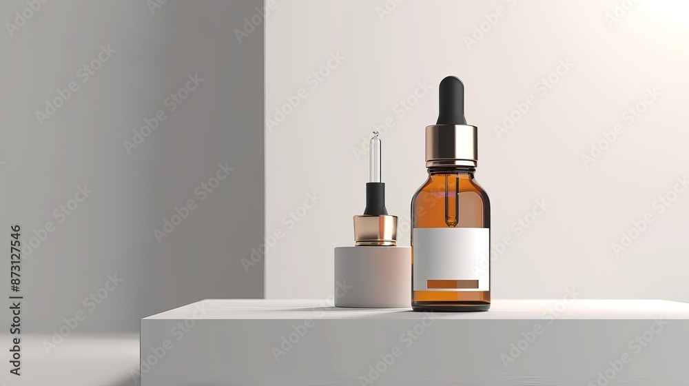 Front view of a blank, amber glass dropper bottle mockup rendered in ...