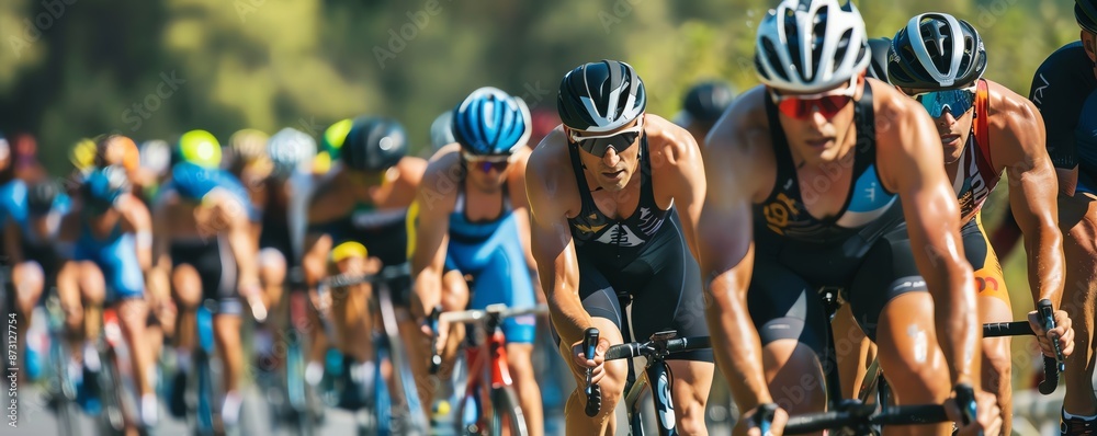 Intense cycling race with athletes in action, wearing helmets and gear ...