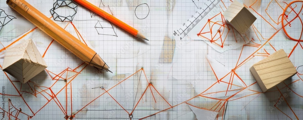 Architectural blueprints with orange pencil and wooden blocks on graph ...