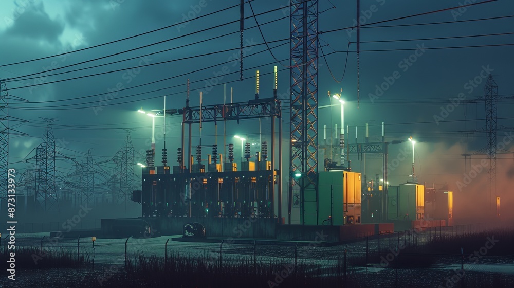 Power lines and transformers in an electrical distribution substation ...