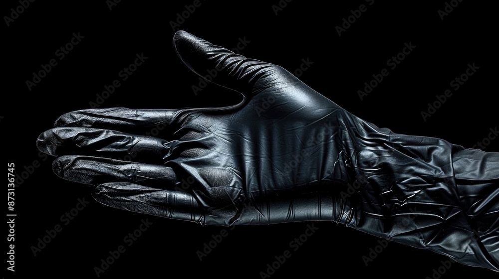 Black gloved hand displaying fingers and palm on black background with ...