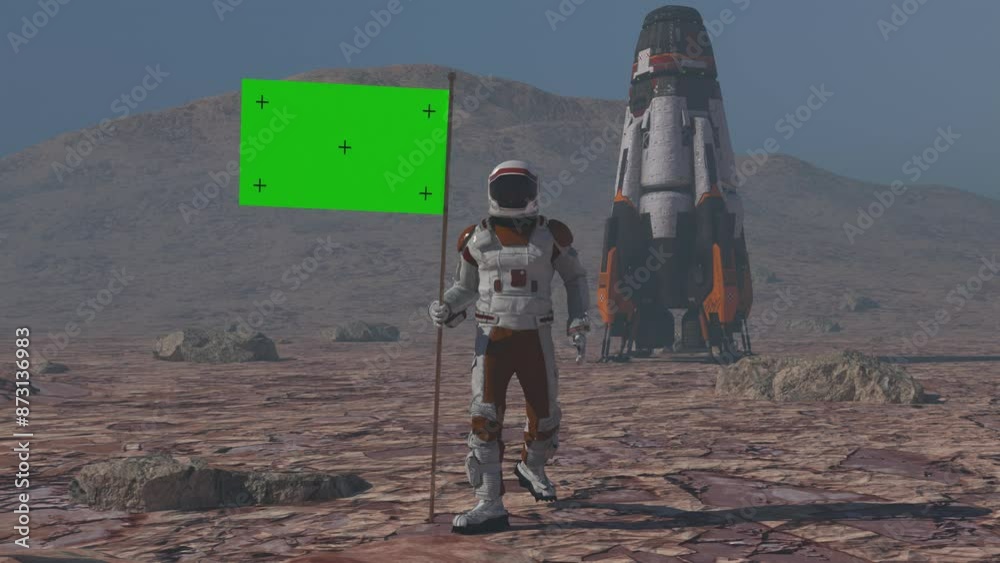 Astronaut walking on the mars with green screen flag, placing a flag ...
