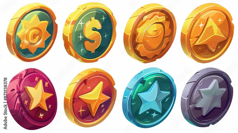 ภาพประกอบสต็อก Icons and tokens for gold coins in game user interfaces ...