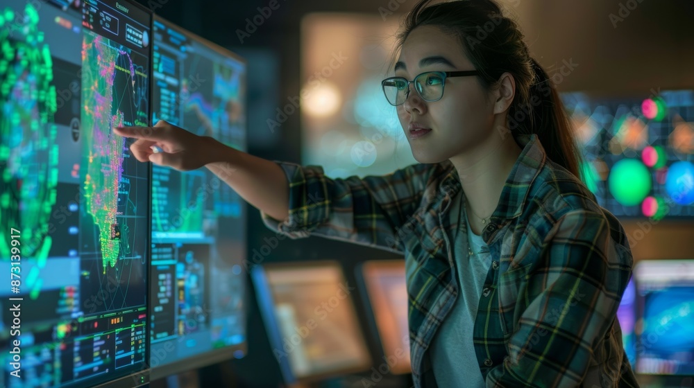 Female computer screen hacker with software, data, or cybersecurity ...