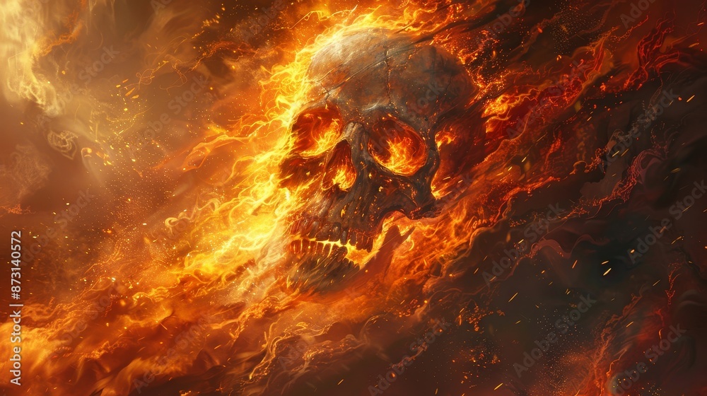 Artistic depiction of a skull god emerging from a fiery pit, surrounded ...