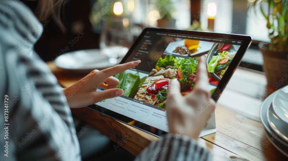Person, menu, and tablet at café for ordering food, meal, and lunch on ...