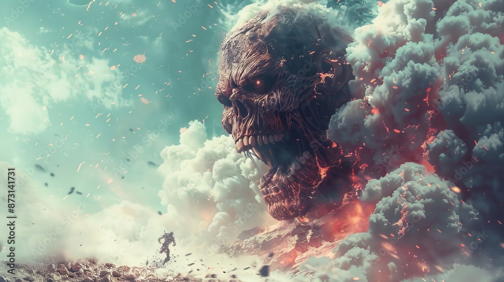 Colossal titan breaking free from the ground, ascending skyward ...