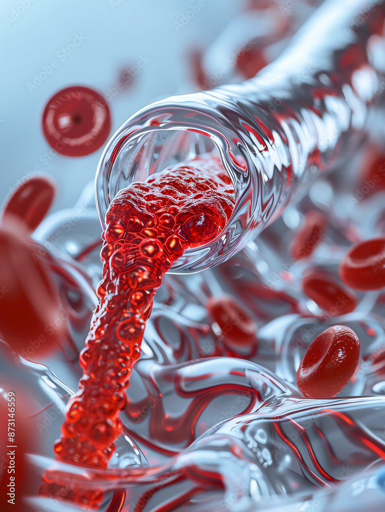 An illustration of a clear tube with red liquid and red blood cells ...