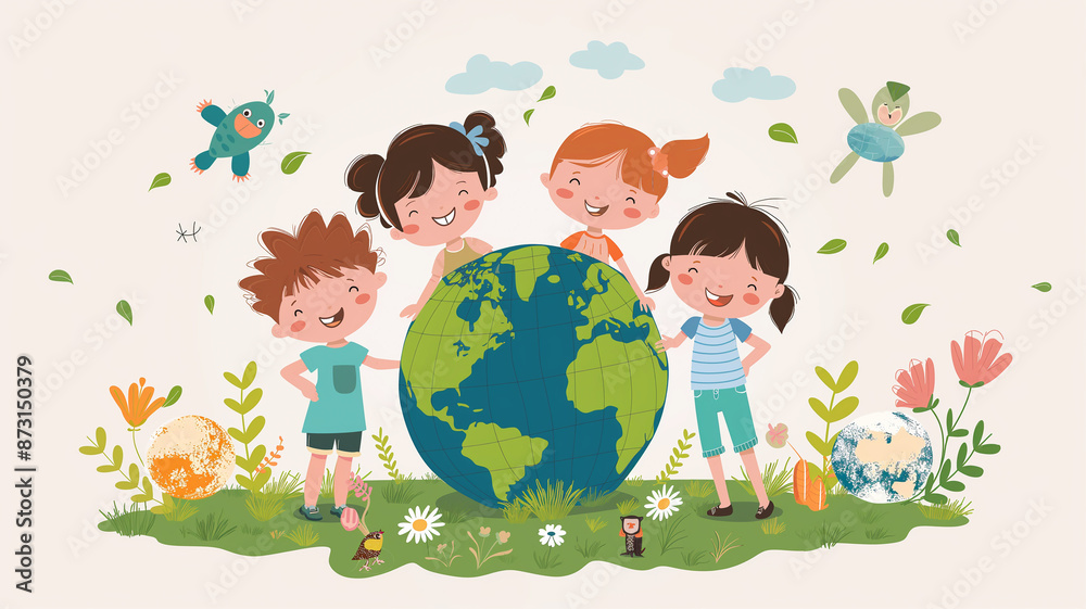 Multicultural kids holding hands together around the world. Happy ...