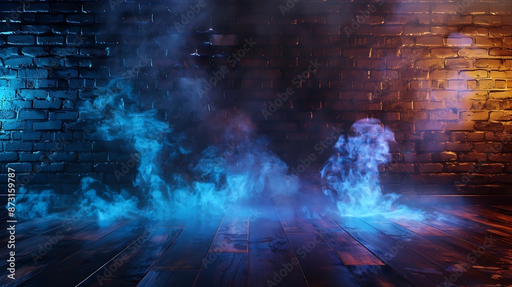 Dark basement room, empty brick walls, blue sparks of fire, light ...