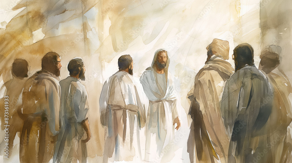 Jesus leading a group of disciples in a soft lit, ethereal scene with ...
