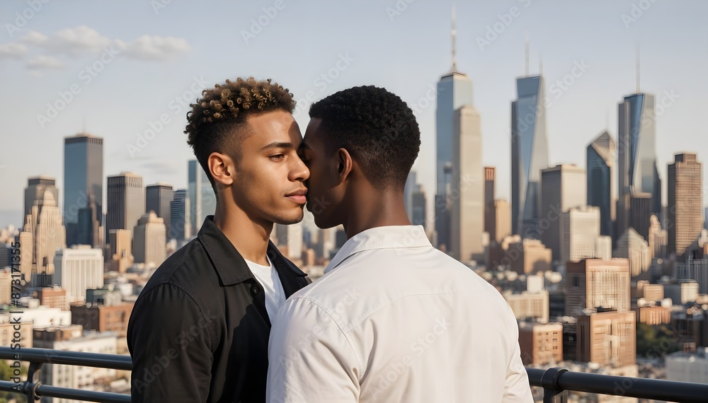 Happy beautiful young black African-American gay couple romantic ...