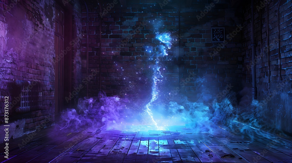 Dimly lit basement, old brick walls, white and blue sparks of fire ...