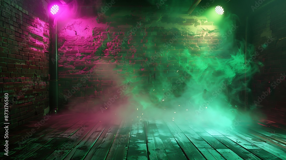 Dimly lit basement, old brick walls, green sparks of fire, light ...