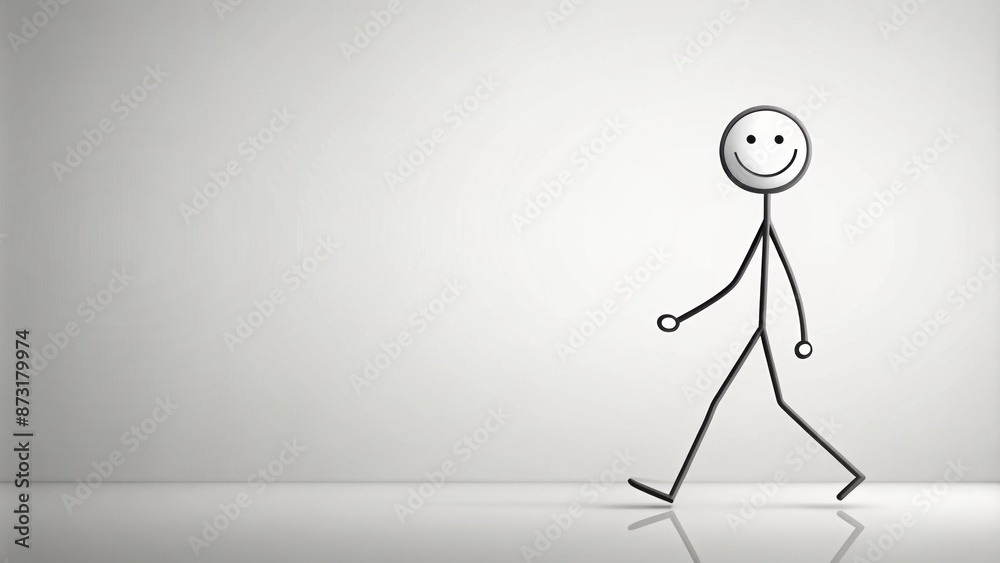 Happy stick figure walks alone, its minimalist body formed by simple ...