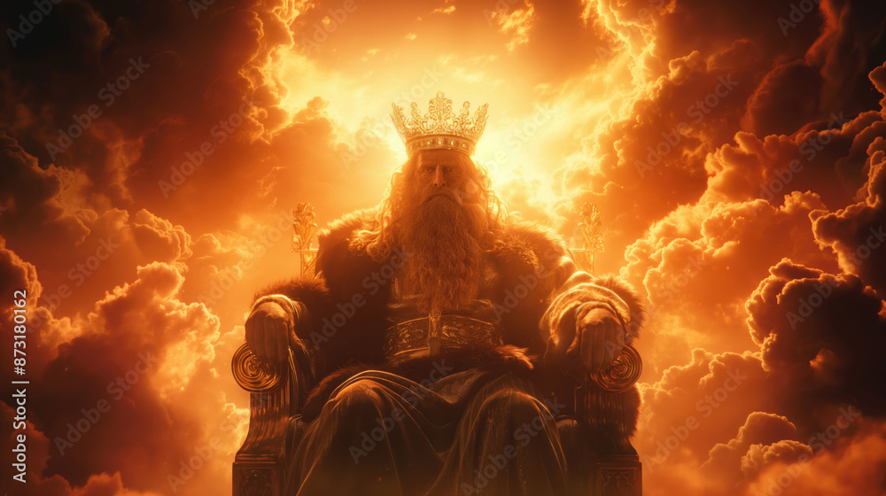 Majestic God sitting on a throne with a glowing golden crown against an ...