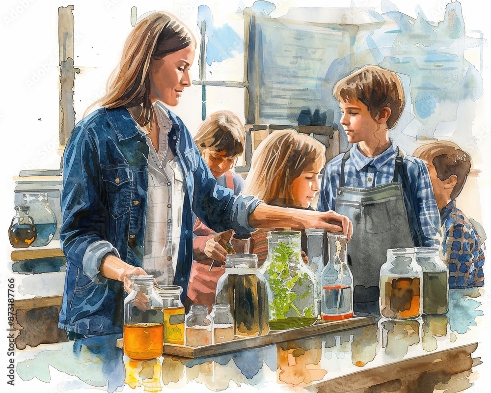 Teacher showing science experiment to children in classroom ...