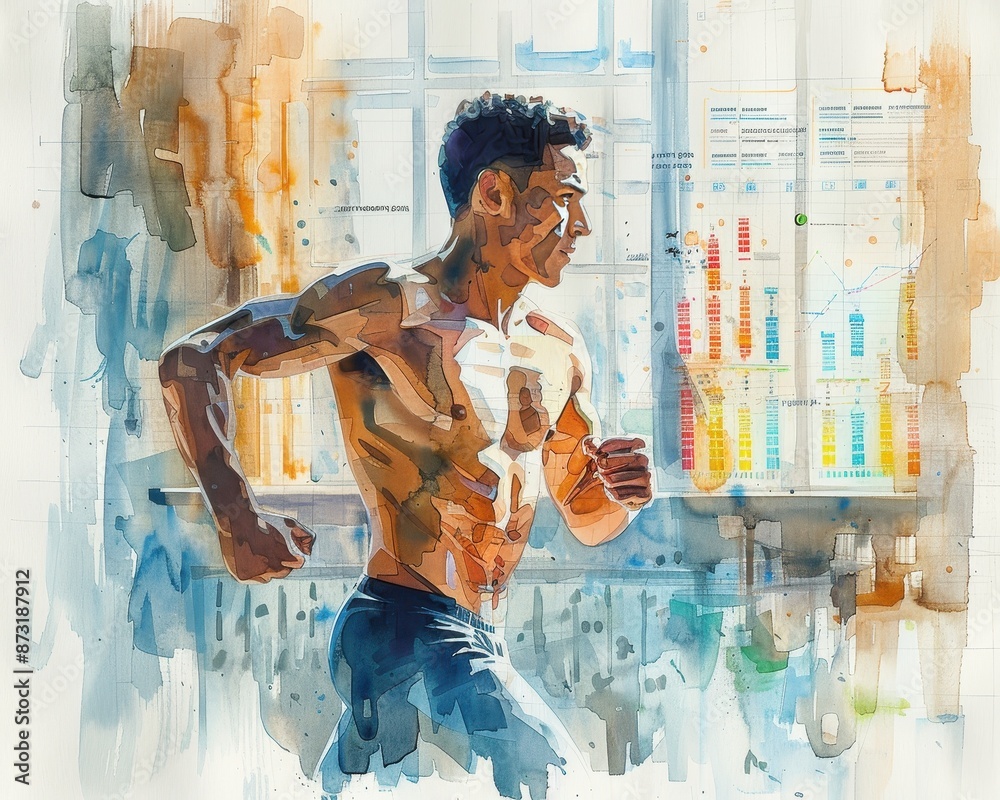 Watercolor painting of a muscular man running indoors with fitness ...
