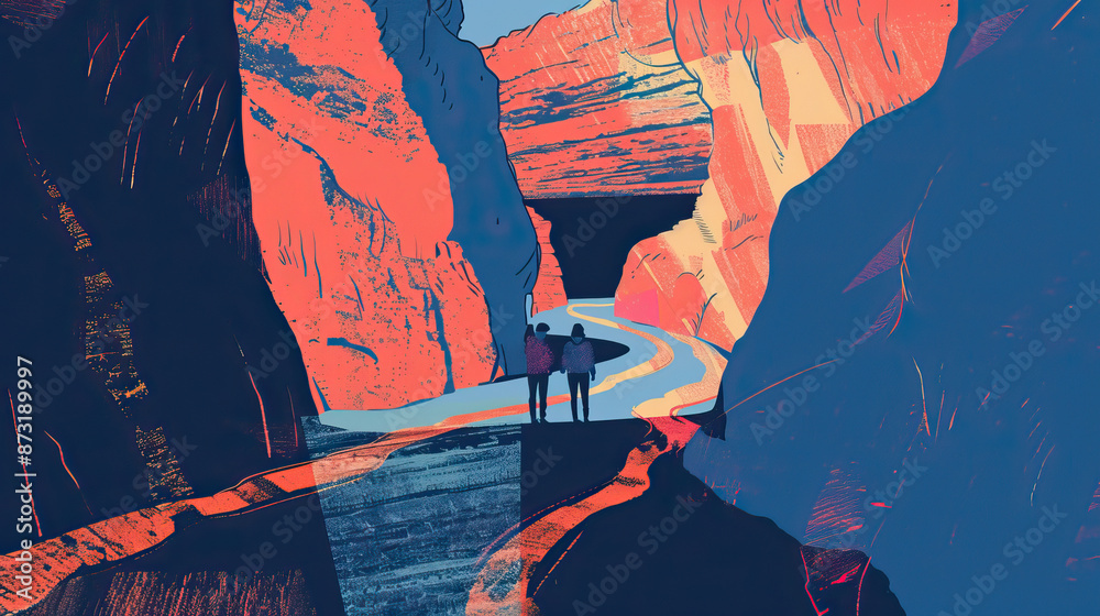 Risograph riso print travel poster, card, wallpaper banner illustration ...