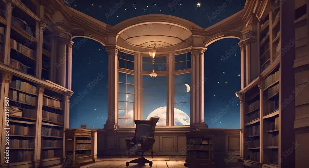 An old library with bookshelves and an open window showing the night ...