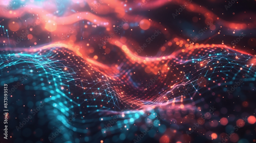 Digital backdrop with geometric shapes and data streams for neural networks and AI. Stock ...