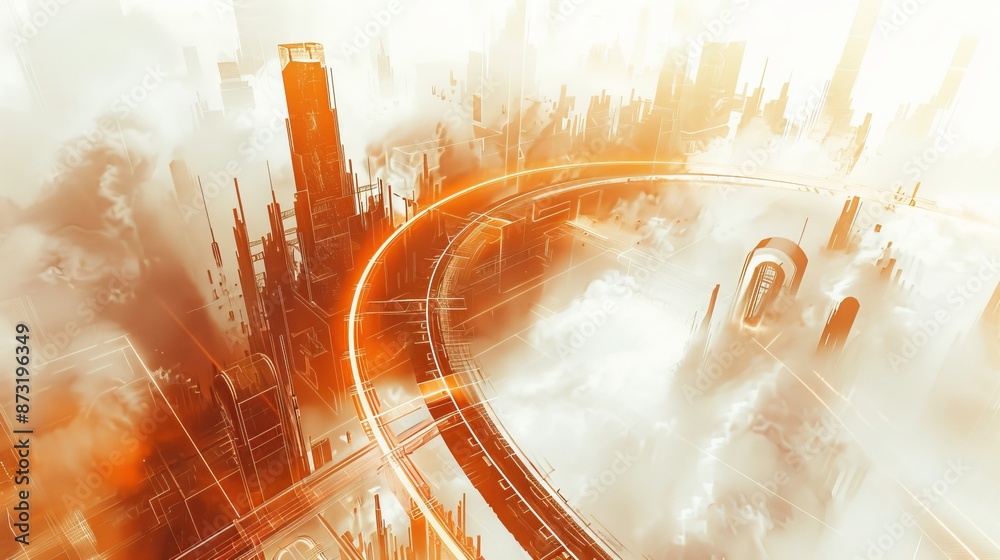 The orange light road lines up with the morden city , in a white ...