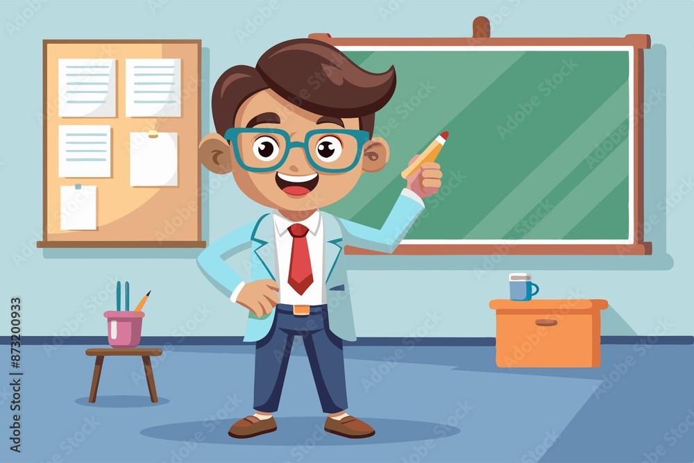 Exuberant cartoon teacher standing in front of whiteboard in brightly ...