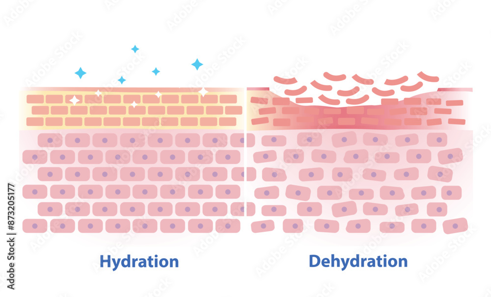 Comparison of hydration and dehydration skin vector illustration. Cross ...