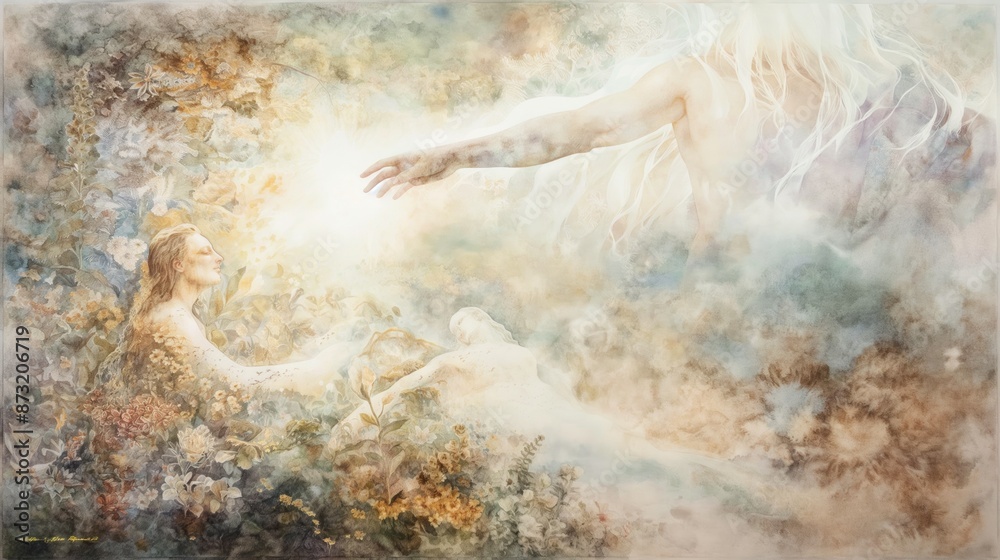 Watercolor painting of a stunning scene depicting the creation of the ...