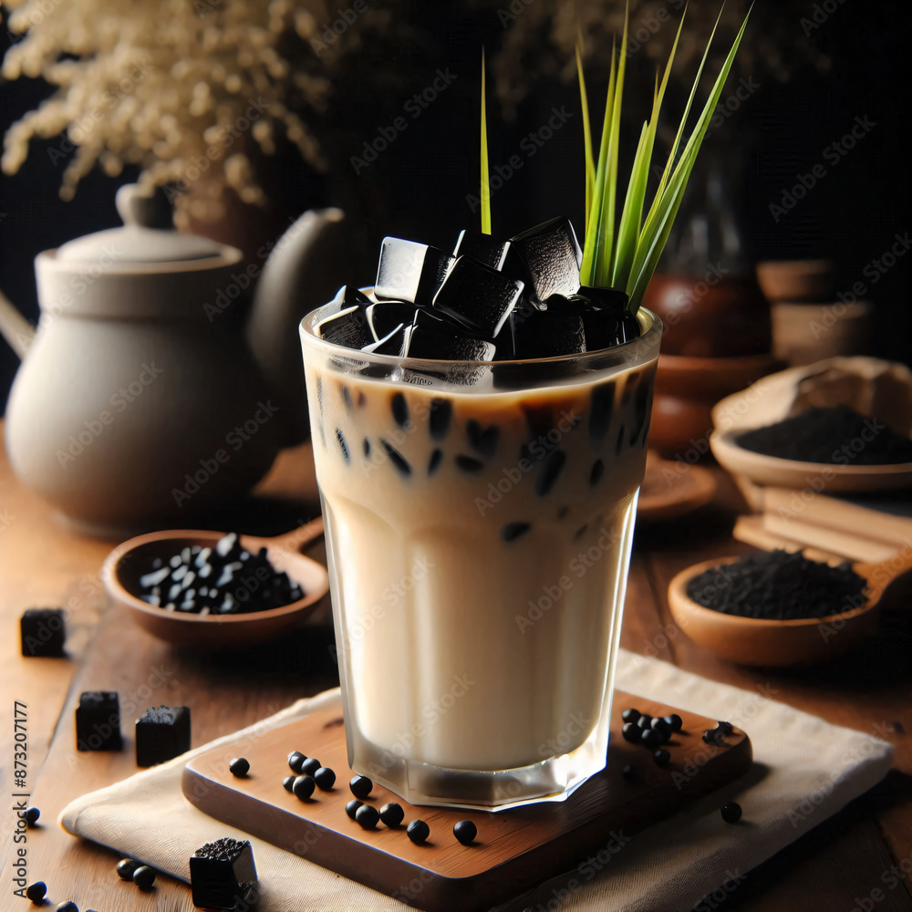 a glass of es cincau teh susu or grass jelly milk tea ice is a perfect ...