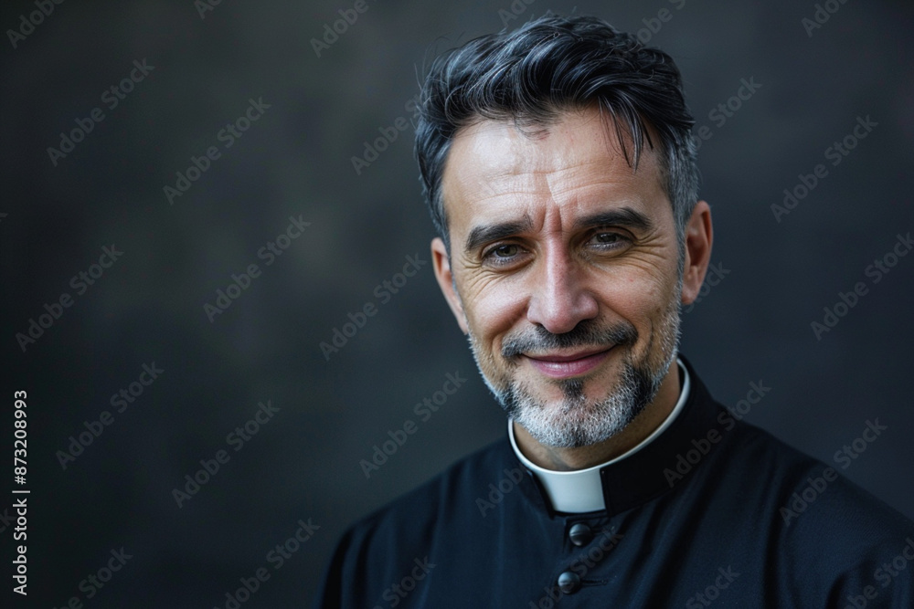 Good looking catholic priest is smiling on slack studio background ...
