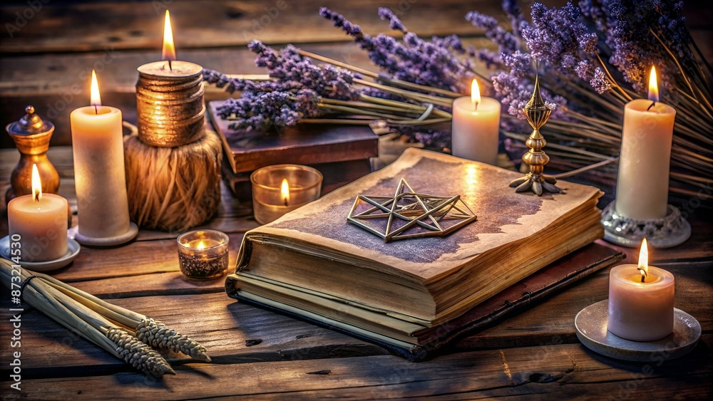 White magic book laying on the table with old manuscripts with occult ...