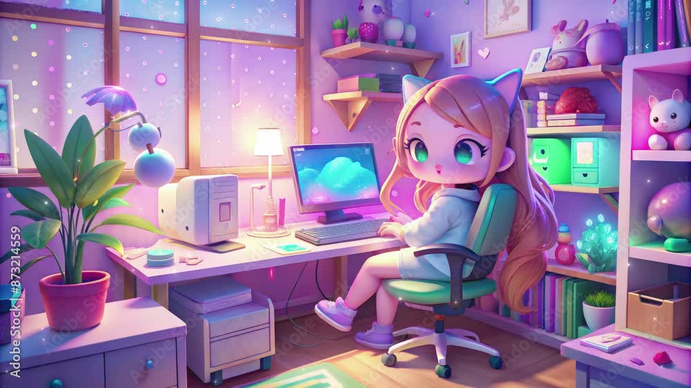 Anime girl working on computer. visual representation of modern world ...