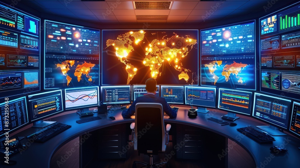 A futuristic control room with AI-powered data analytics dashboards ...