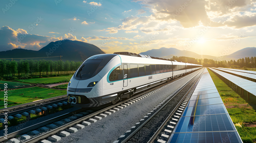 High-speed train powered by renewable energy, with solar panels along ...