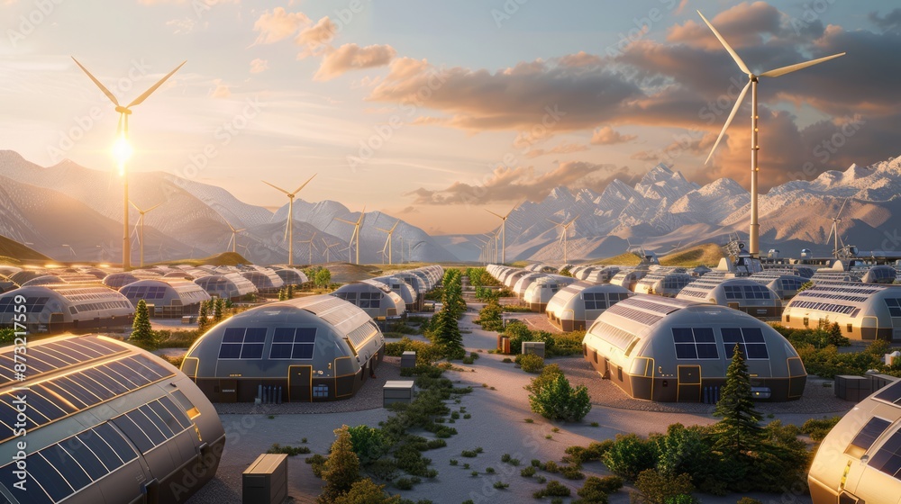 a hyperreal futuristic military base with renewable energy systems ...
