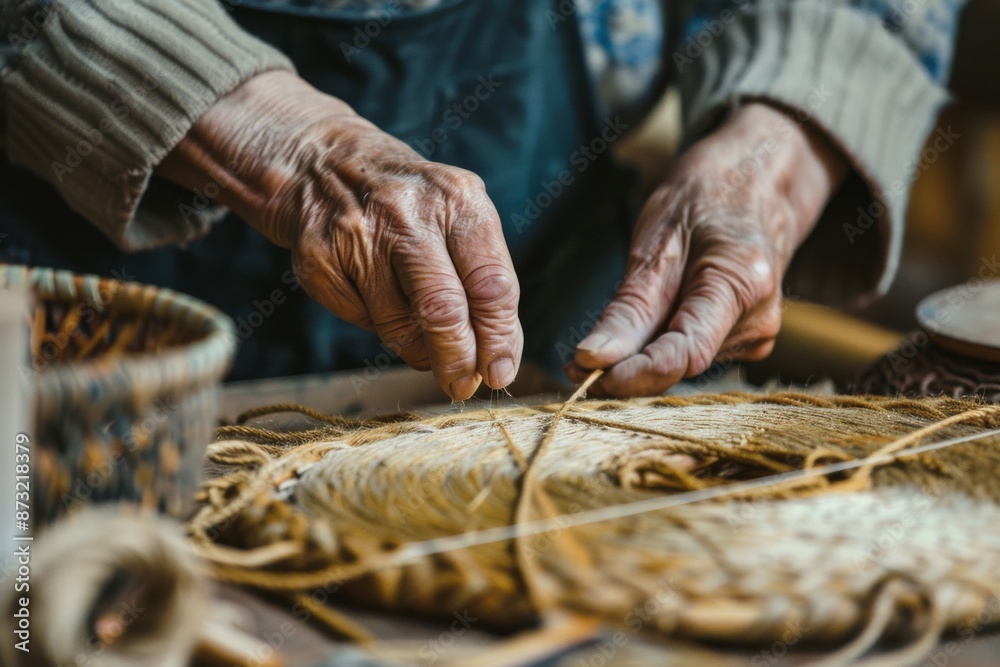Delicate fingers move with precision, weaving together threads of ...