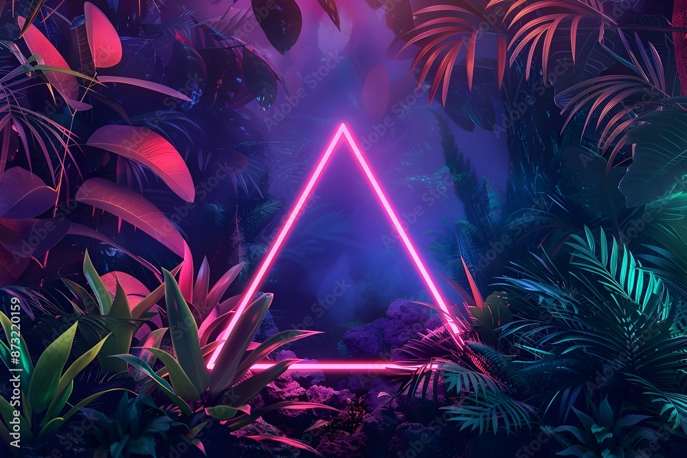 A neon triangle in the middle of a jungle, with neon colors and a dark ...