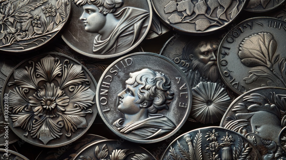 Collection of various coins, each with intricate designs and ...