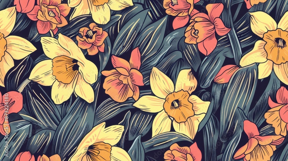 Seamless Tileable Daffodil and Tulip Flower Texture Pattern - High ...